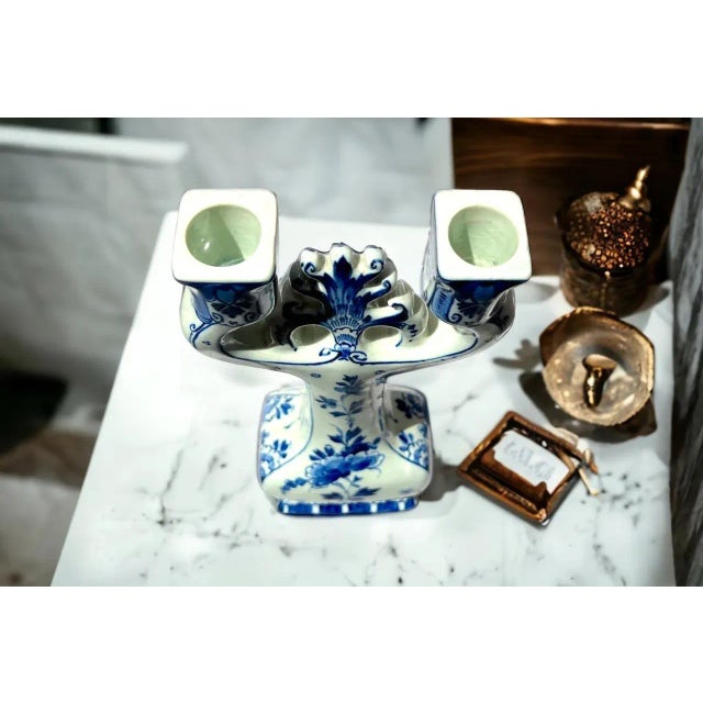 Late 19th Century Antique, Signed, Delft Double Arm Candlestick | Chairish