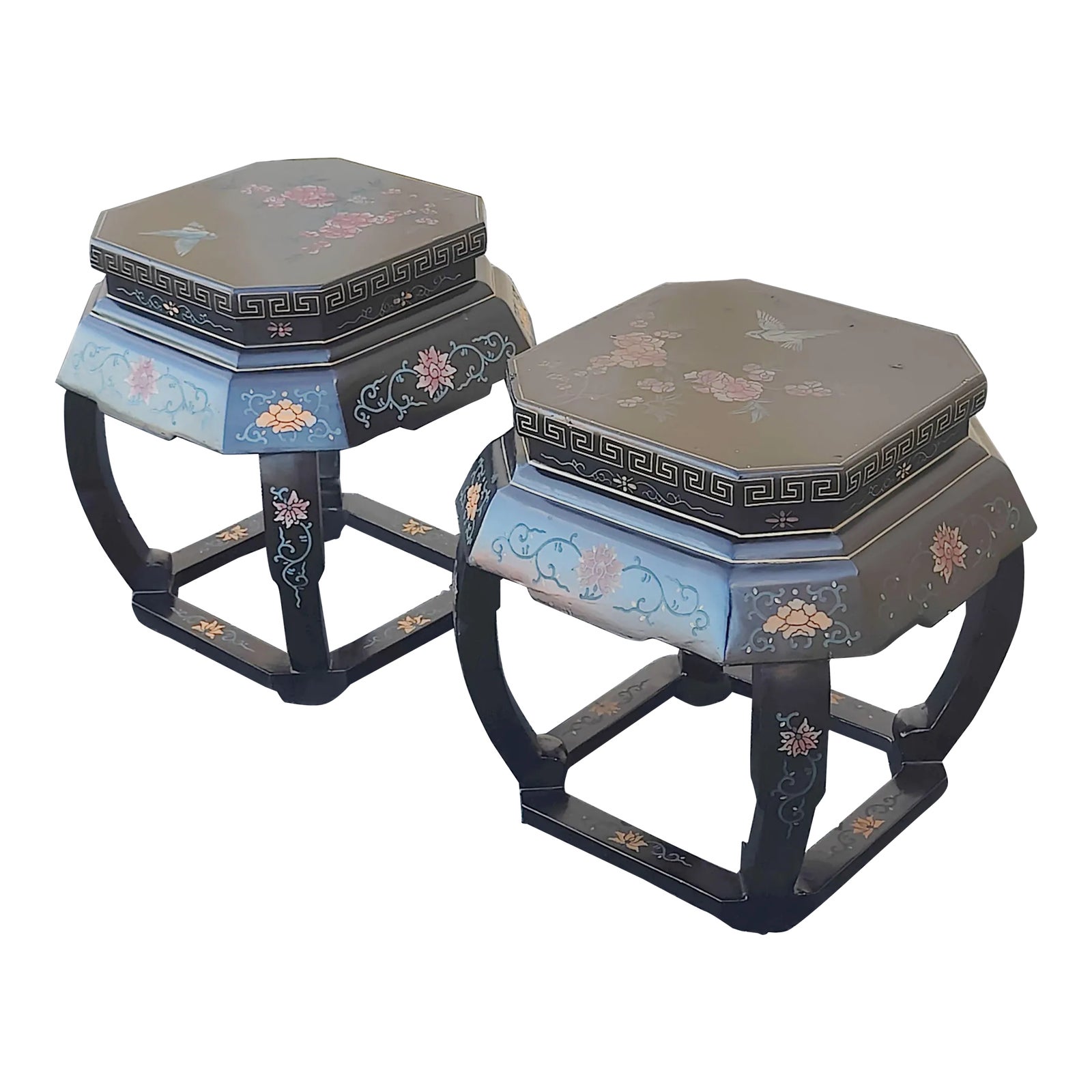 Early 20th Century Vintage Black Lacquer "Garden Stool" Tables With ...