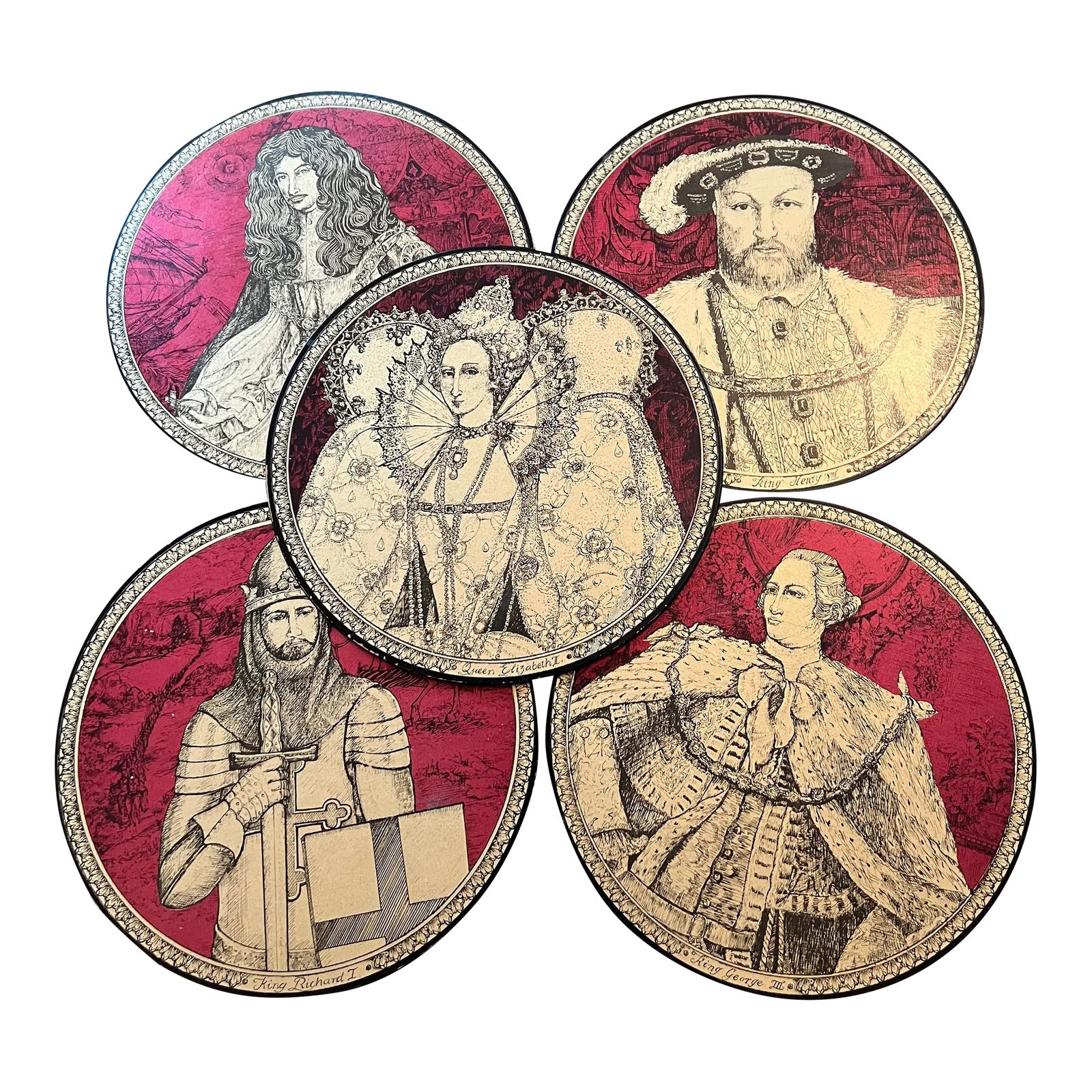 Vintage Red & Gold Set of 5 British Kings & Queen Trivets Coasters ...