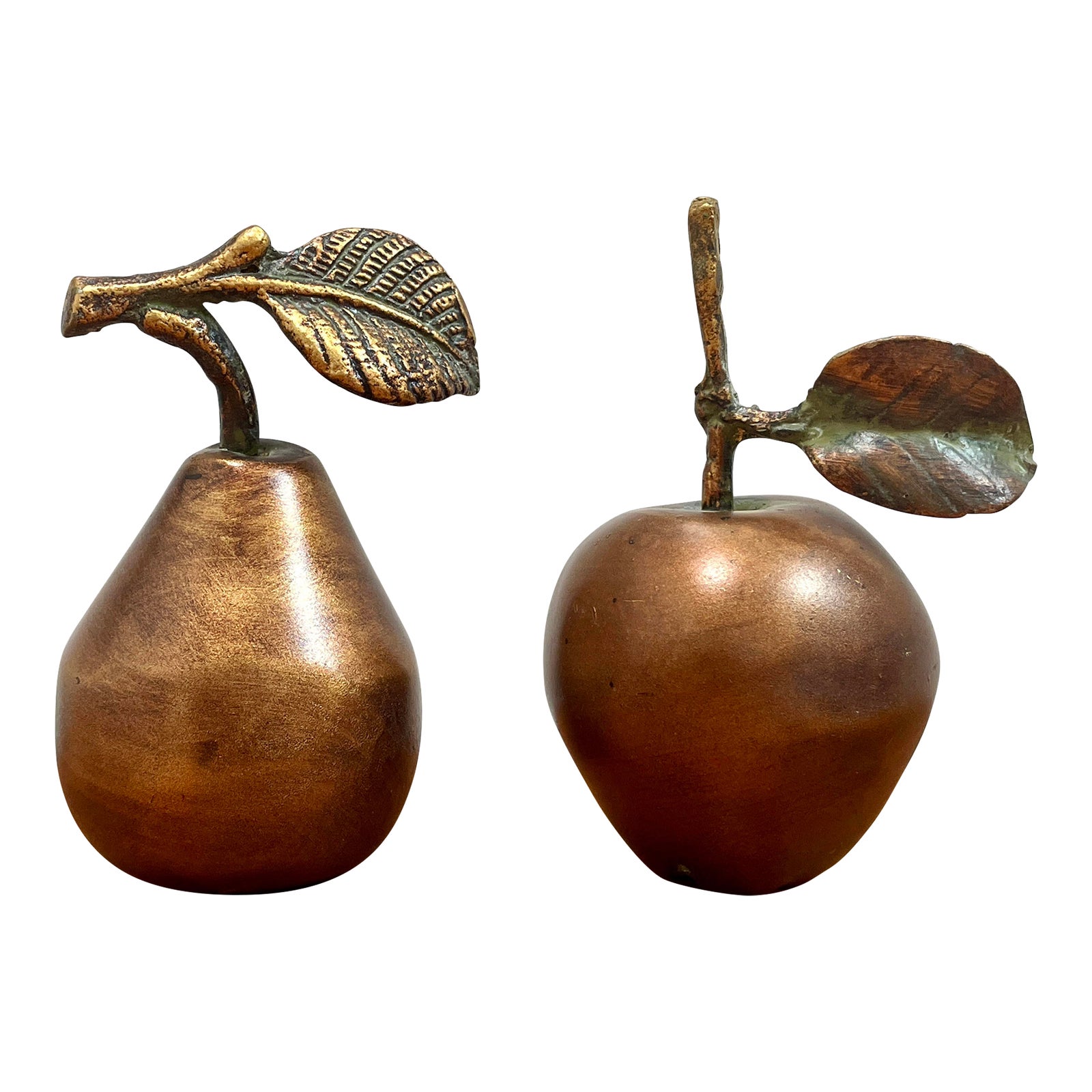 Patinated Bronze Apple and Pear Paperweights | Chairish