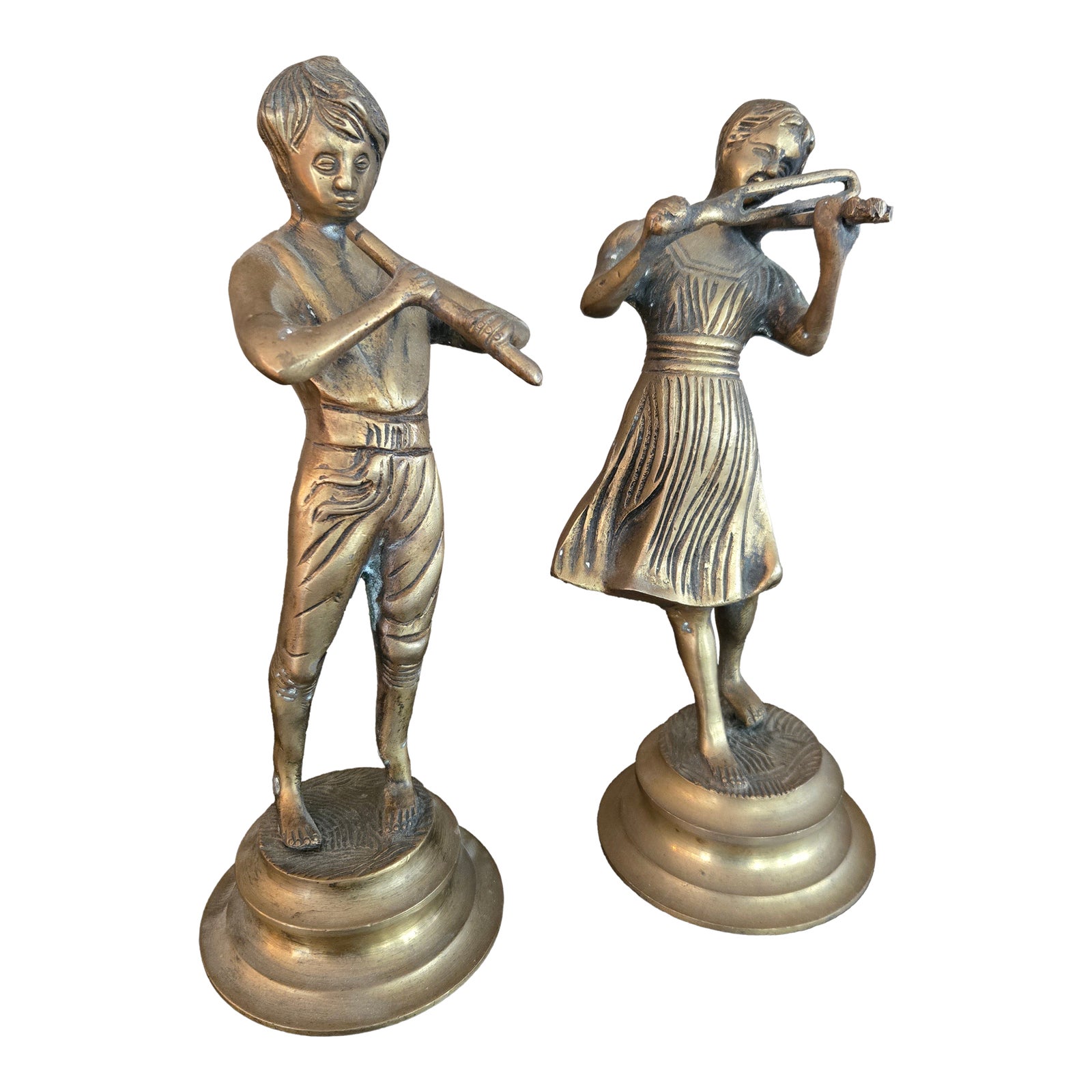 Cast Brass Bronze Musicians Playing Violin / Flute Pair Vintage Patina ...