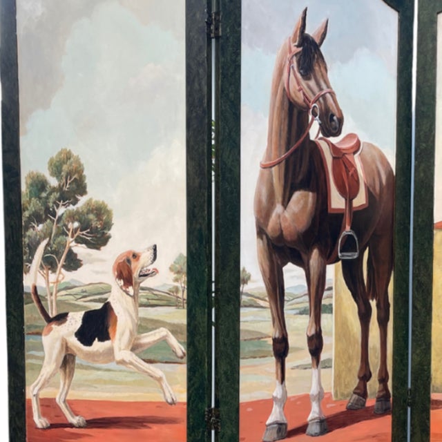 1990s Hand-Painted English Fox Hunt Equestrian Folding Screen Room ...