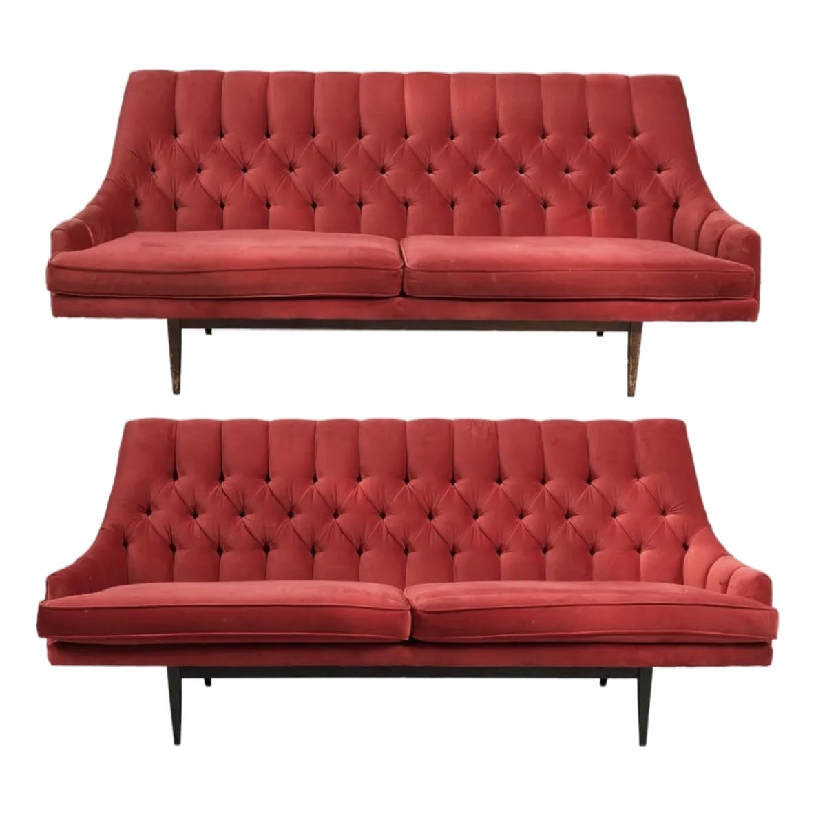 Mid Century Modern Tufted Red Velvet Sofas- a Pair | Chairish