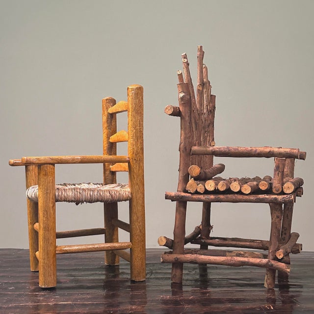 Vintage Pair of Miniature Chairs (Twig Chair and Rush Straw Seat Chair ...