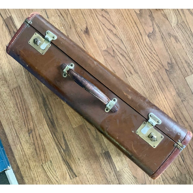 Mid 20th Century Vintage Leather Suitcase With Burgundy Lining | Chairish