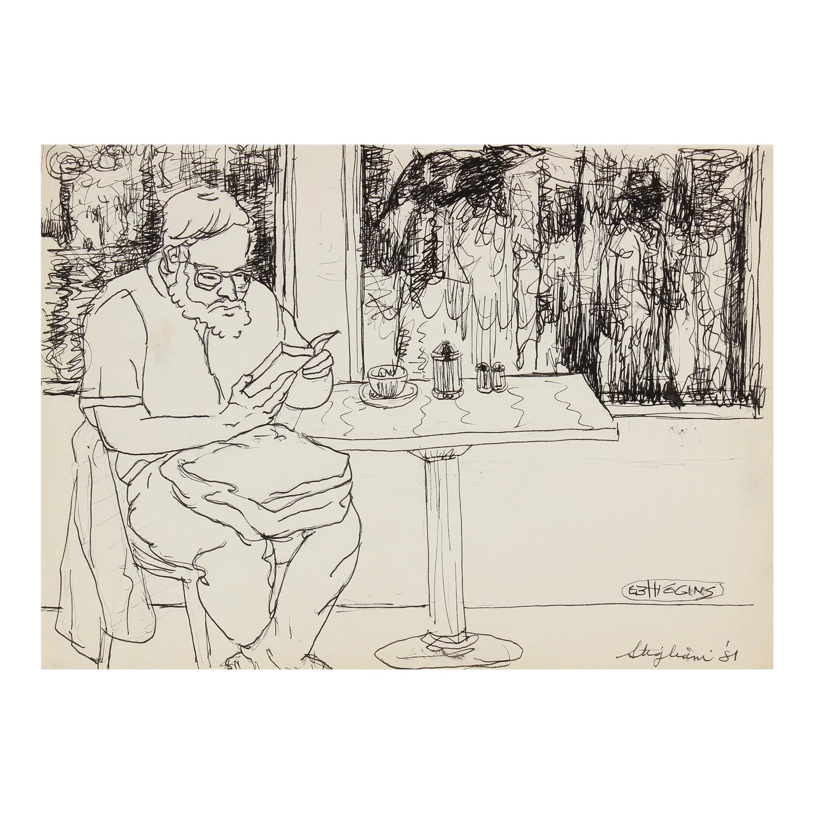 Monochromatic Cafe Scene 1981 Ink | Chairish