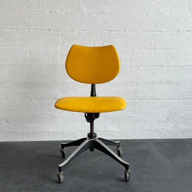 Mid-Century Modern Yellow Leather Steel Rolling Office Desk Chair ...
