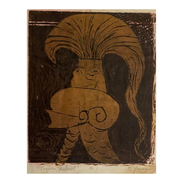 1960s Kay Yares Trojan Helmet Woodblock Print | Chairish