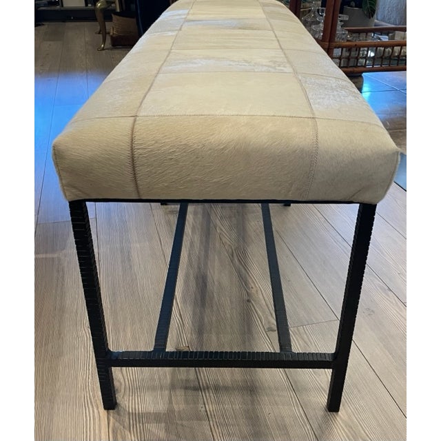 Contemporary Hair on Hide Bench With Chiseled Wrought Iron Base | Chairish