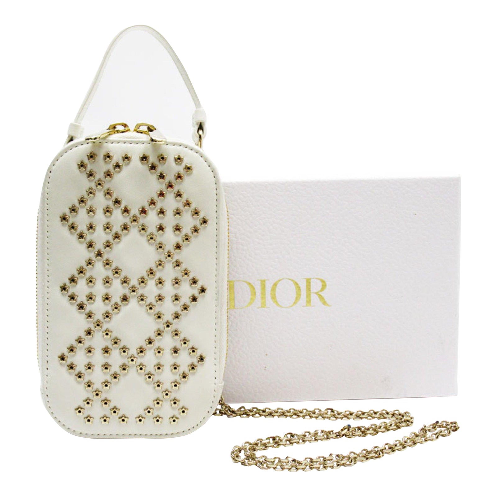 Christian Dior Phone Folder Shoulder Bag Leather/Metal Off-White/Gold ...