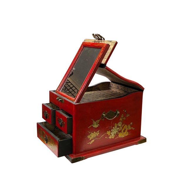 Chinese Oriental Red Flower Birds Mirror Rectangular Jewelry Box | Chairish