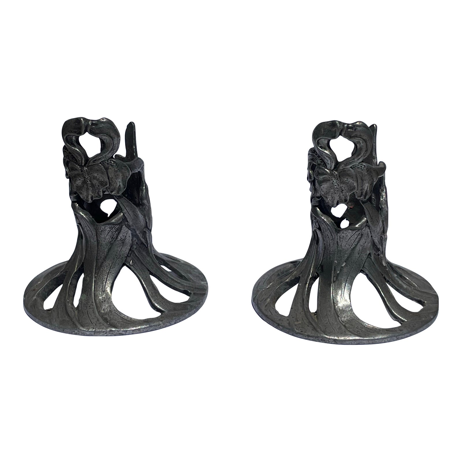 Pewter Iris Flower Candlestick Holders - a Pair | Chairish