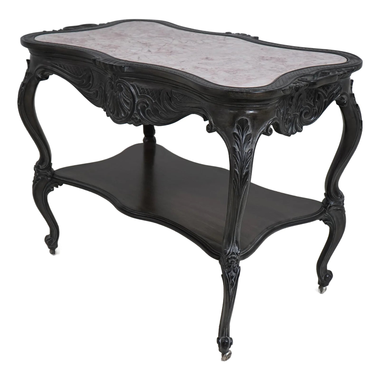 French Ebonized Marble Top Rolling Bar Cart Server | Chairish