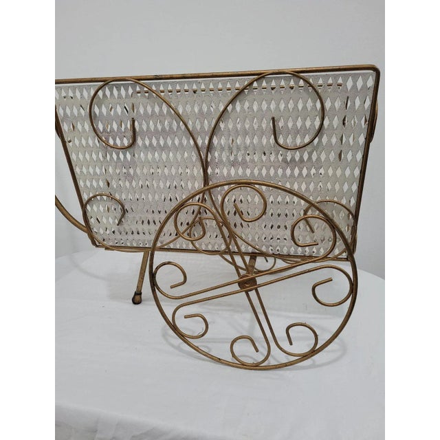 Mid-Century Modern White & Gold Mesh Metal Rolling Cart Magazine Rack ...