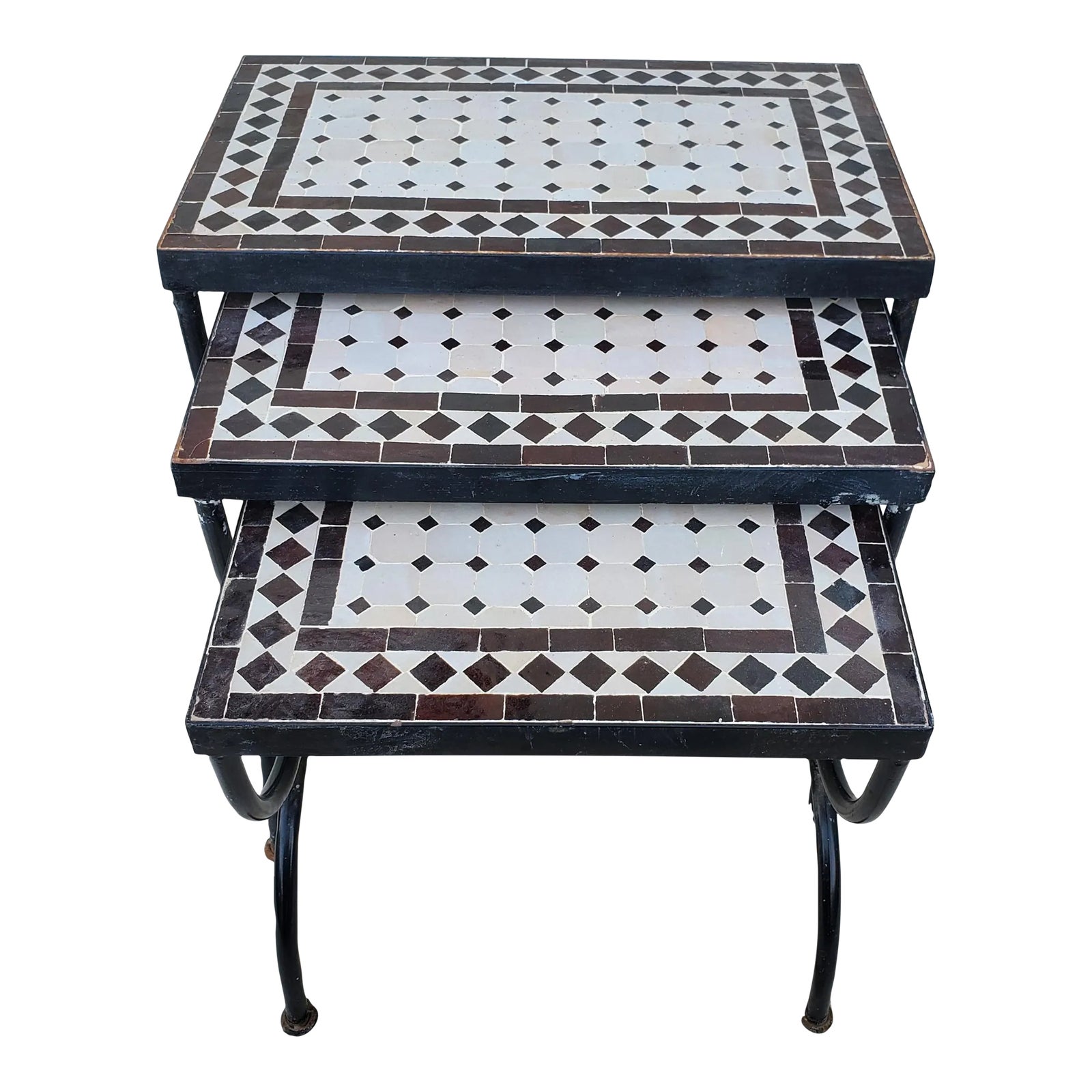 White and Brown Moroccan Mosaic Nesting Tables - Set of 3 | Chairish