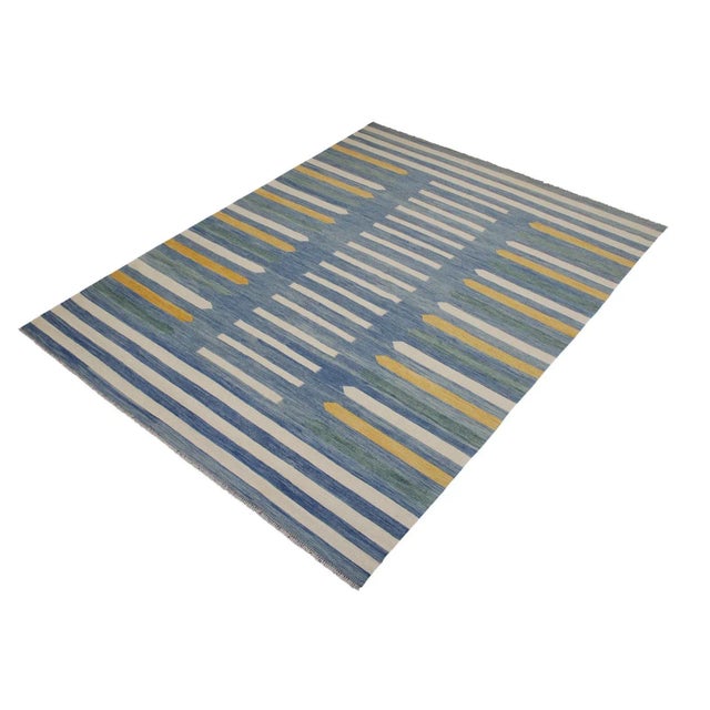Early 21st Century Boho Chic Kilim Blue Beige Wool Rug | Chairish