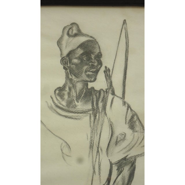 African Bow Hunter Mid-Century Charcoal Drawing | Chairish