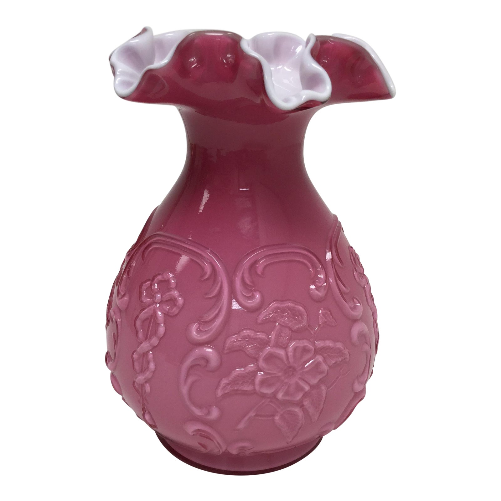 1940s Fenton Ruffled Vase in Pink and White With Ribbon and Floral ...