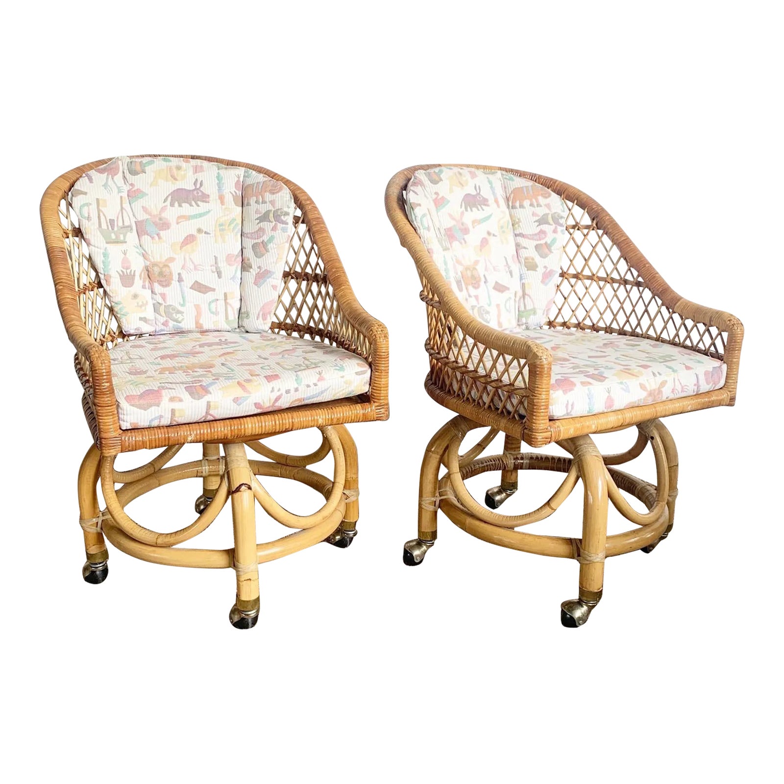 Boho Chic Buri Rattan Swivel Dining Arm Chairs With Multi Color Animal ...