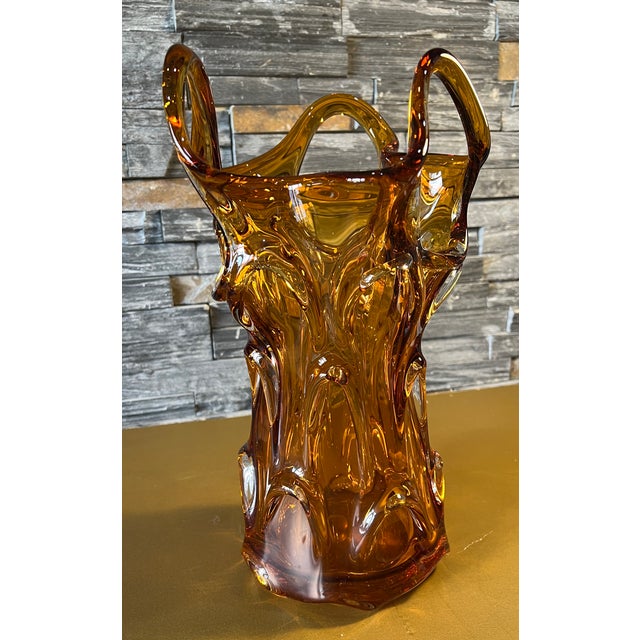 Large Amber Art Glass Vase Tree Trunk Texture With 3 Open Loops Forming ...
