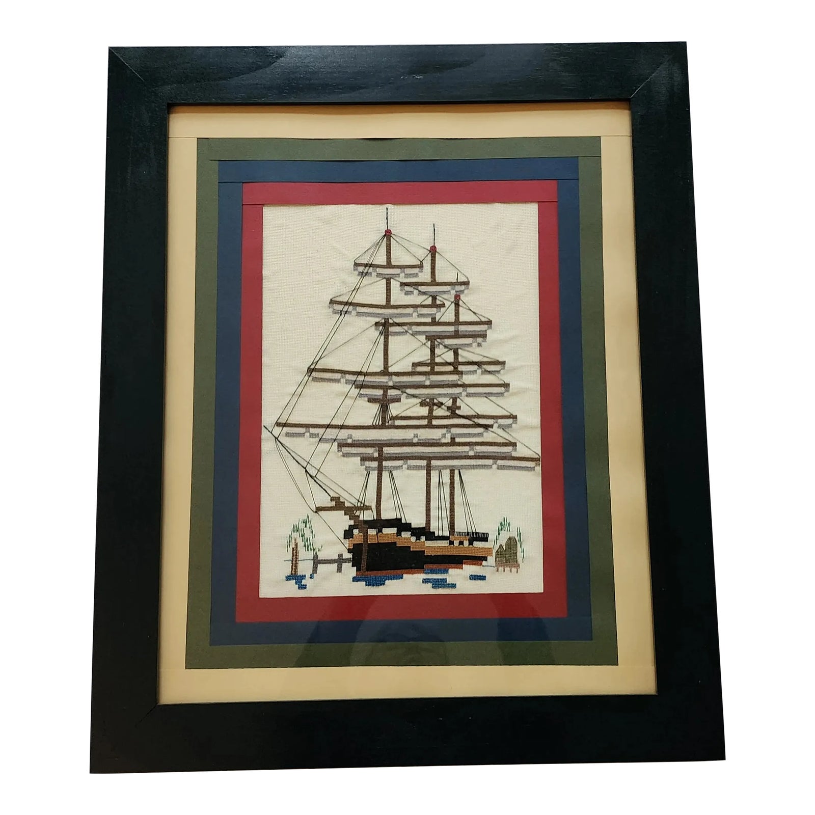Nautical Masted Ship Needlepoint Art 23.5" Triple Mat Framed | Chairish
