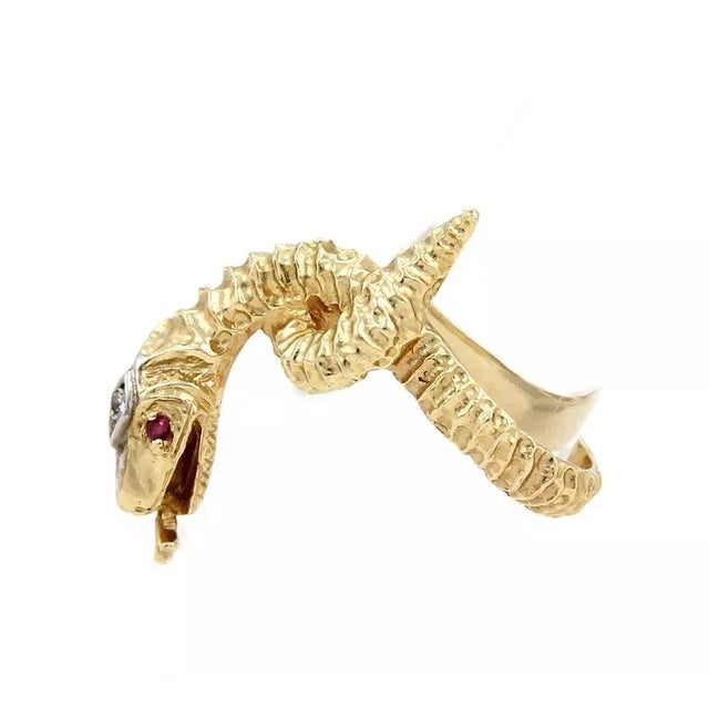 Diamond & Ruby 14k Yellow Gold Snake Ring | Chairish