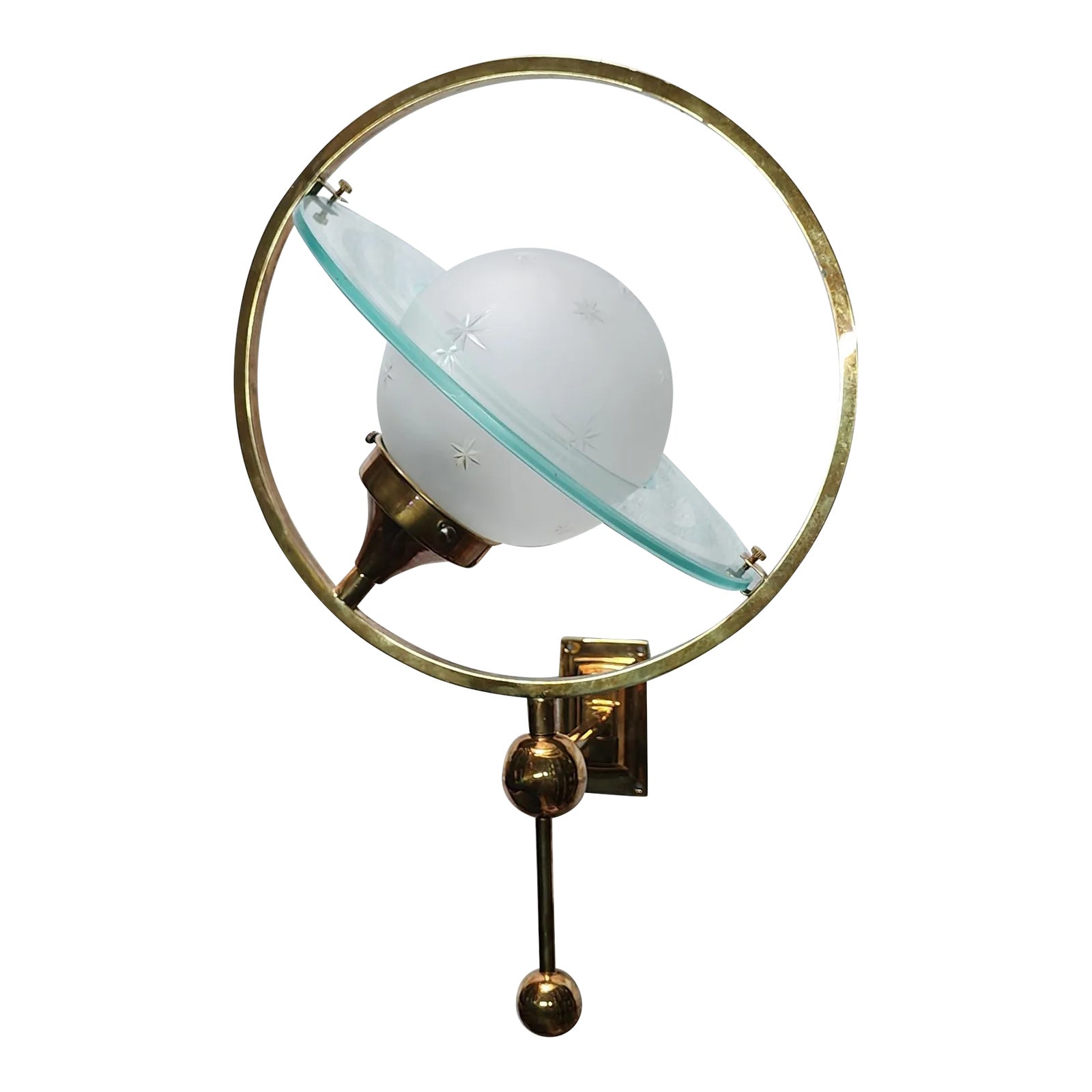Vintage Art Deco Brass Wall Sconces Saturn Light Frosted Star Glass ...