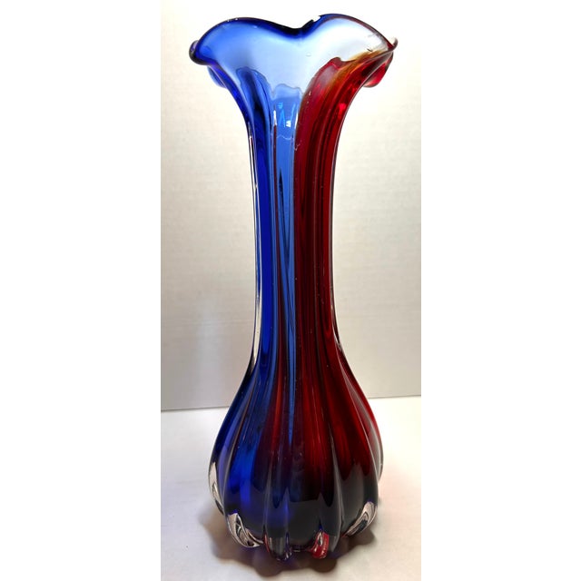 Vintage Jewel-Tone Red-Blue Split-Color Murano Style Bud Vase | Chairish
