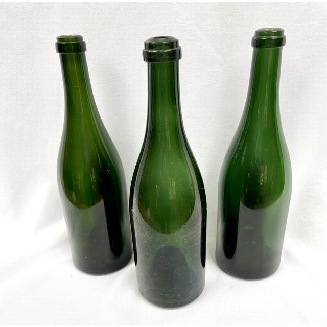 Antique French Hand Blown Green Glass Wine Bottles - Set of 3 | Chairish