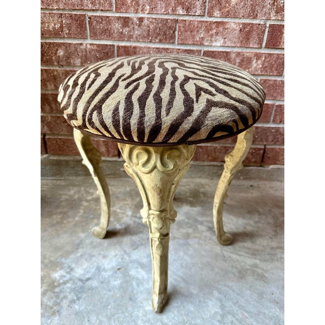 Vintage Stool With Cast-Iron Legs and Zebra Print Cushion | Chairish