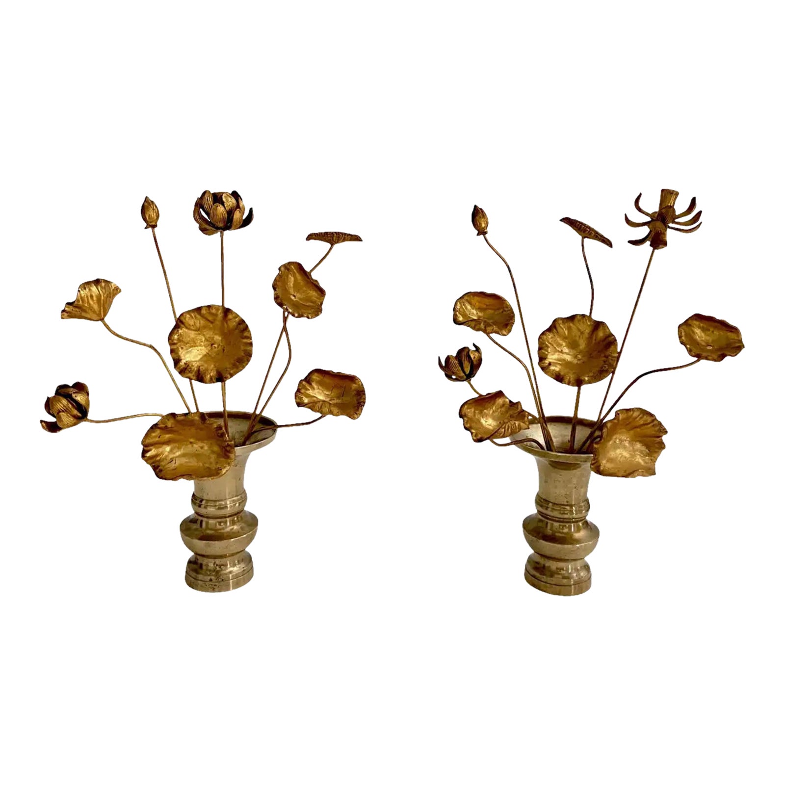 Pair Gilt Wood Buddhist Altar Lotus Flowers & Vases | Chairish