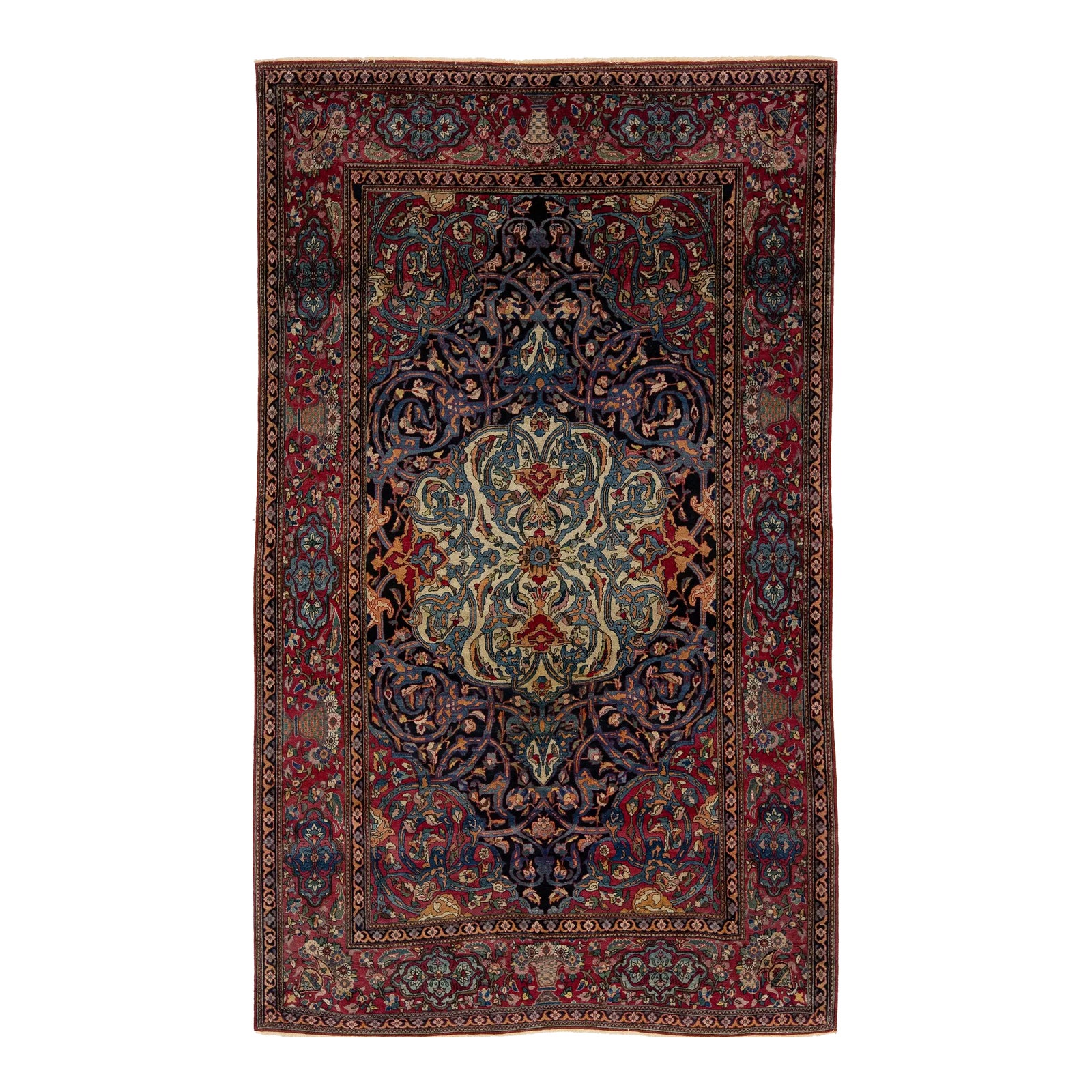 Antique Kerman Persian Navy Blue Wool Rug With a Rosette Motif | Chairish