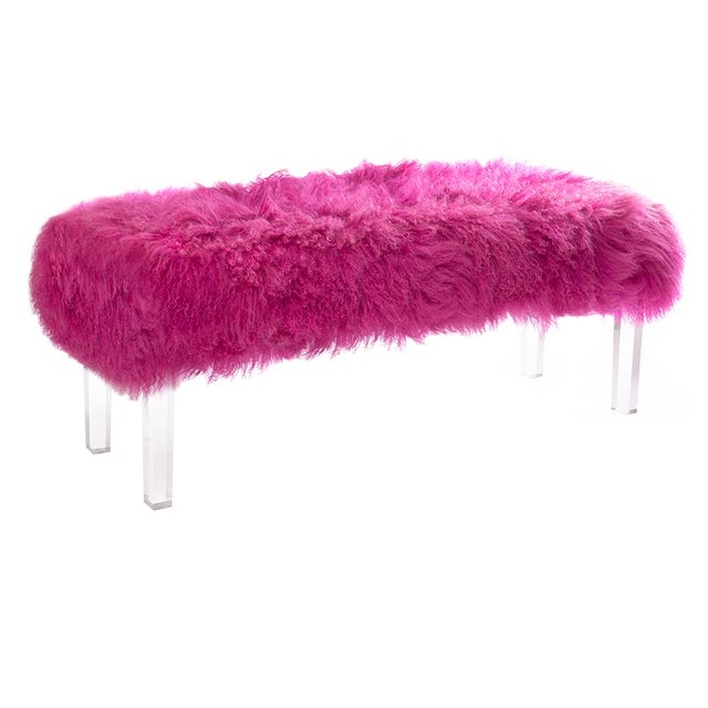 Modern Hot Pink Tibetan Lamb Lucite Bench | Chairish