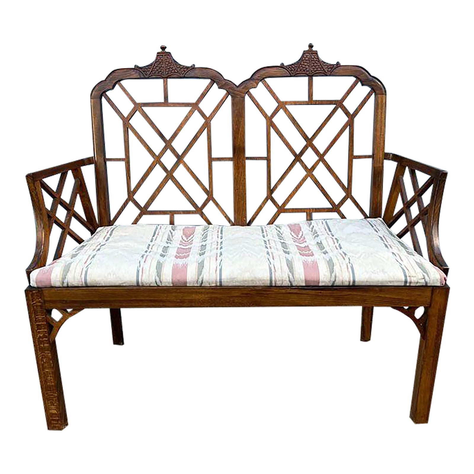 Early 20th Century Chippendale Pagoda Chinioserie Style Bench | Chairish