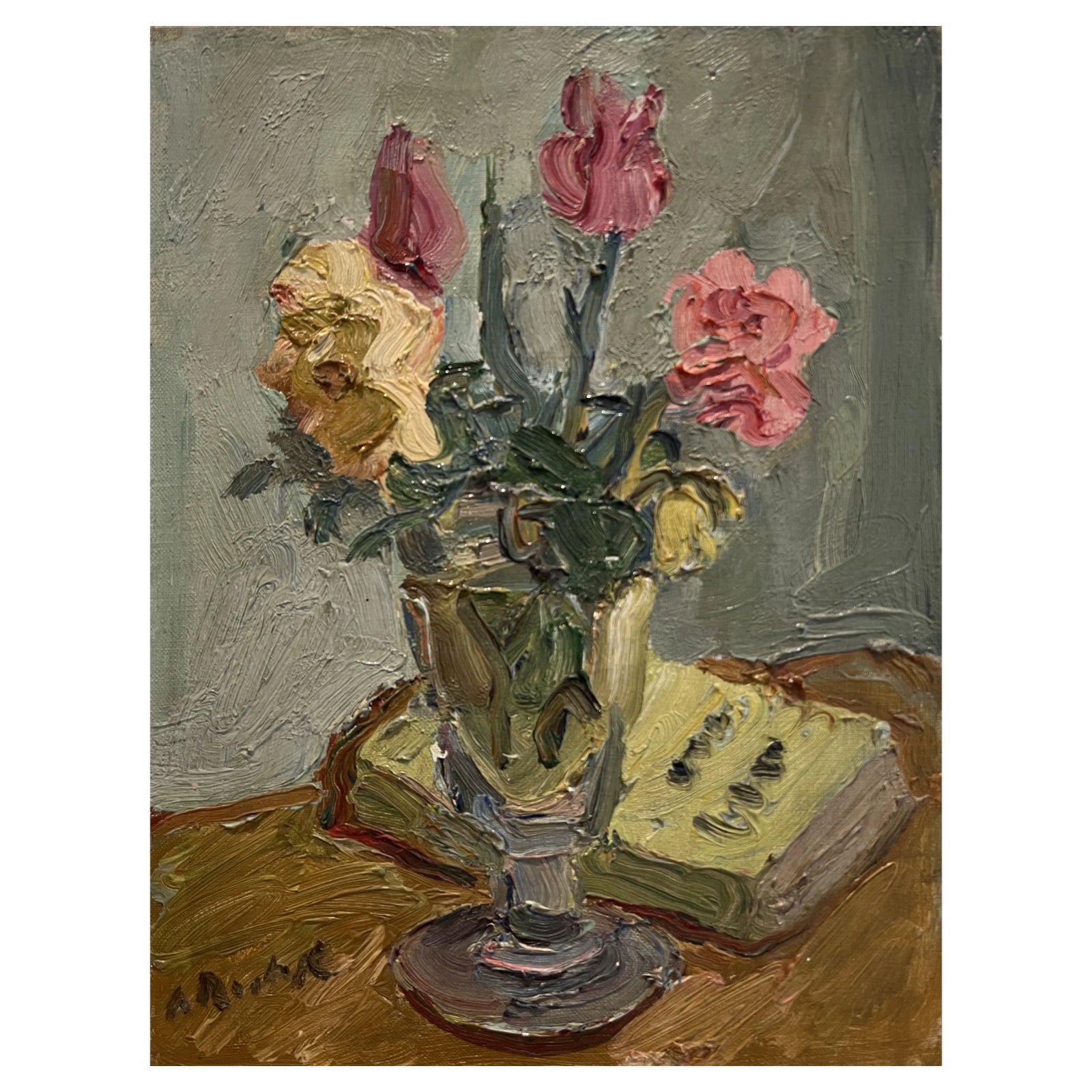 Alexandre Rochat, Bouquet and Book, Oil on Canvas, 1950s | Chairish