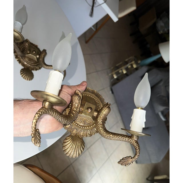 Pair Neoclassic Dolphin Shell Brass Wall Sconces | Chairish