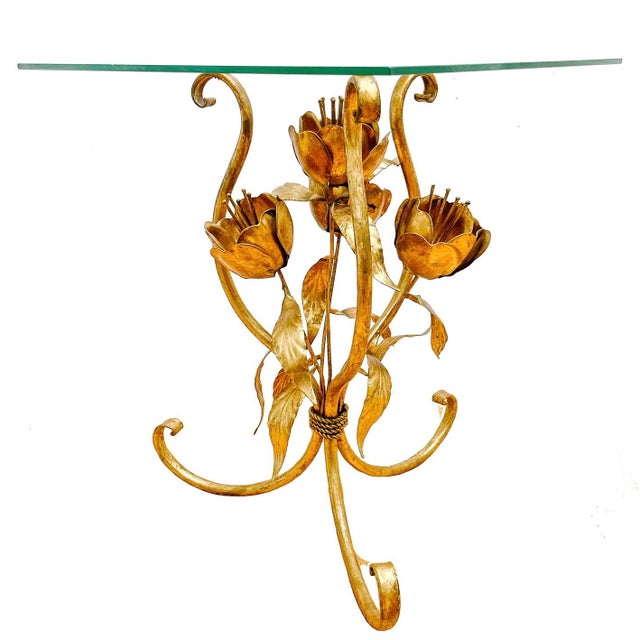 1970s Hans Kögl Gold Tole Flower Accent Tables With Glass Tops - a Pair ...