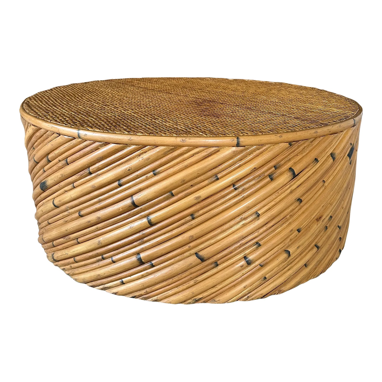 Vintage Coastal Split Rattan Round Rattan Weave Coffee Table | Chairish