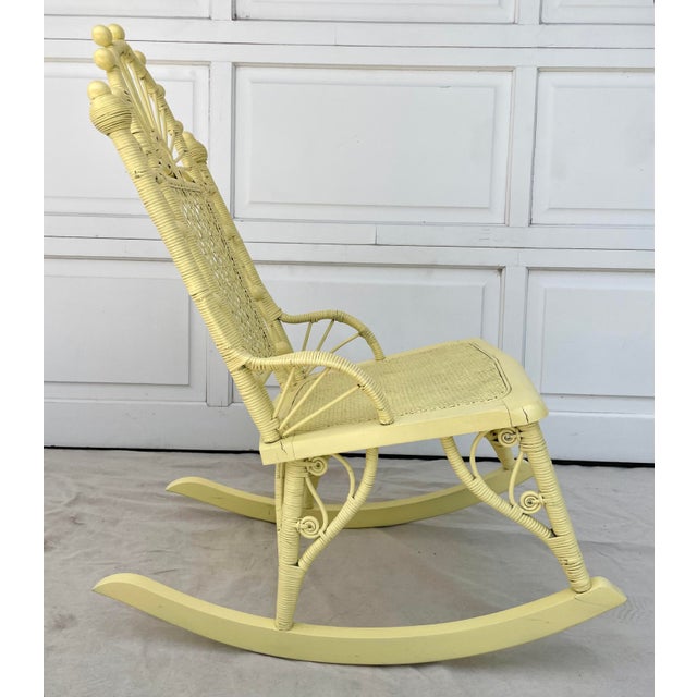 Early 20th C. Meringue Yellow Wicker Rattan Rocker | Chairish