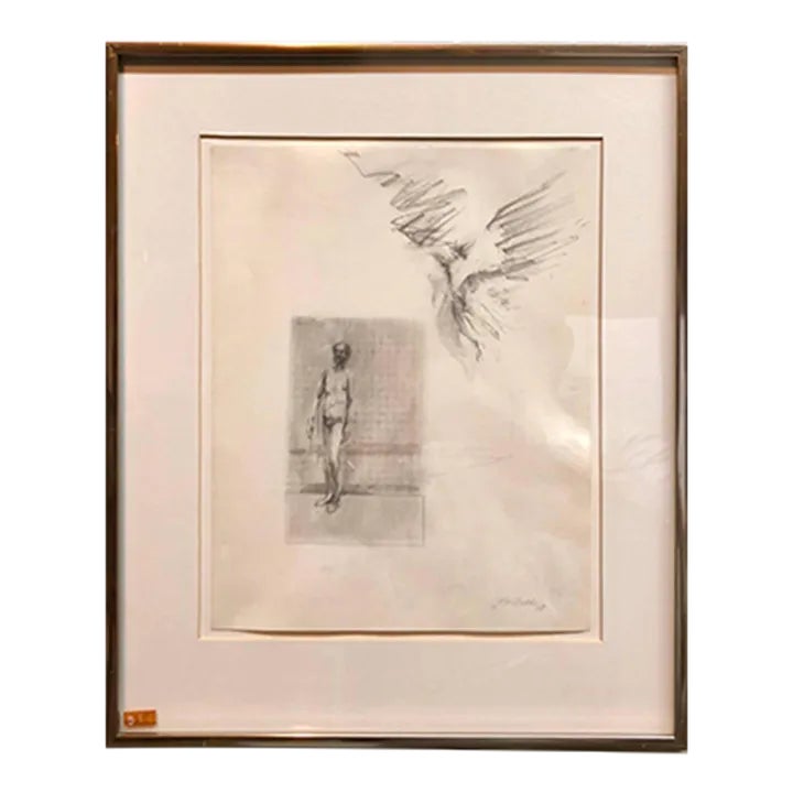 John Dobbs, Abstract Modernist Drawing of a Nude Man with Winged Figure ...