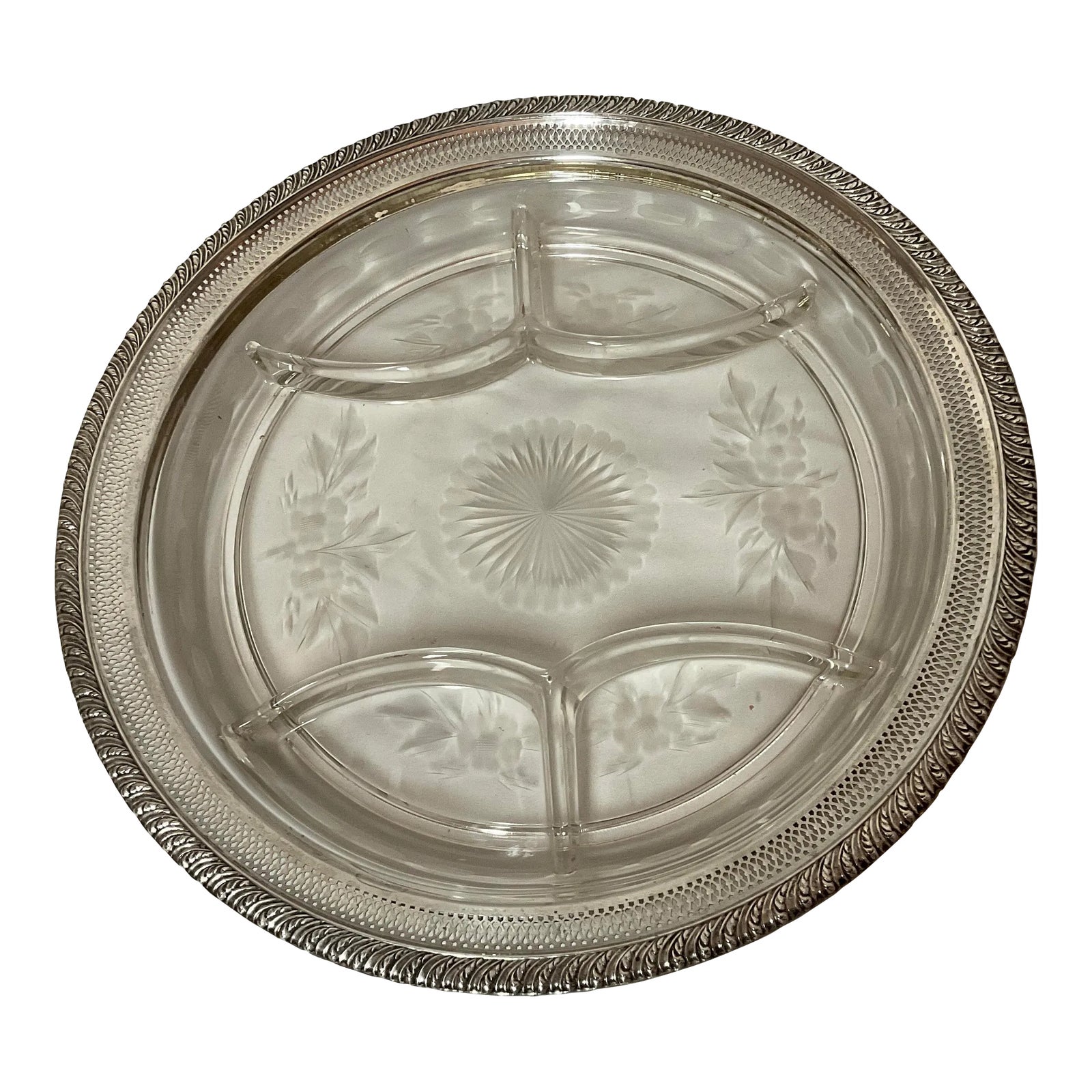 Large Early 20th Century Sterling Etched Crystal Divided Serving Dish ...