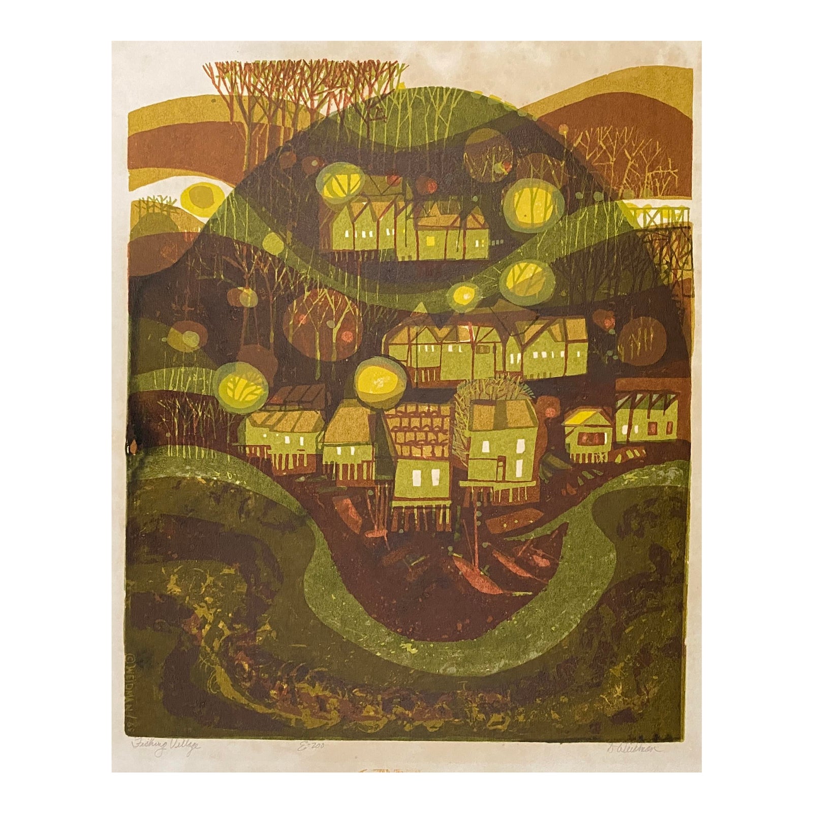 1965 David Weidman Fishing Village Serigraph | Chairish