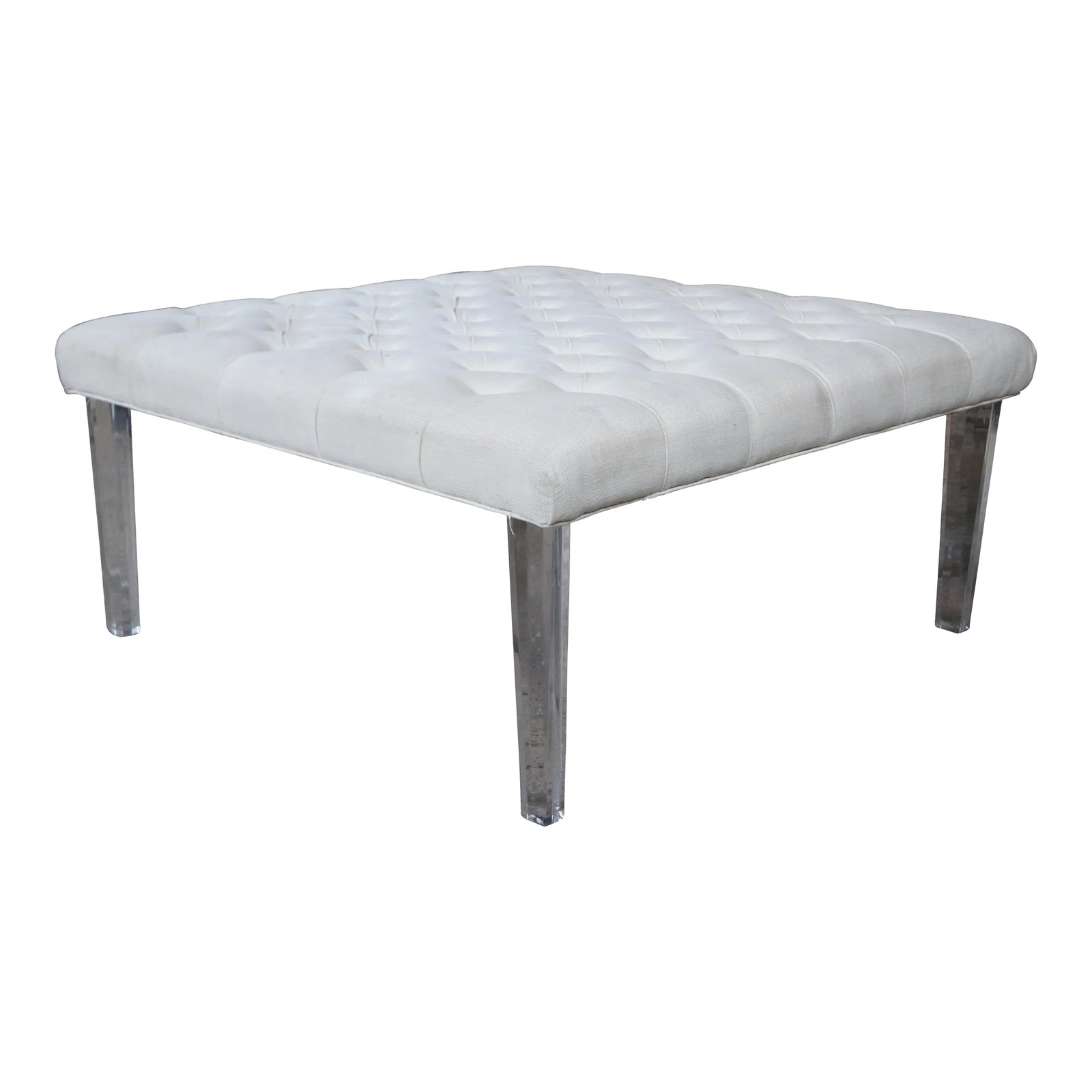 Late 20th Century Modern Whited Tufted Square Ottoman with Acrylic Legs ...
