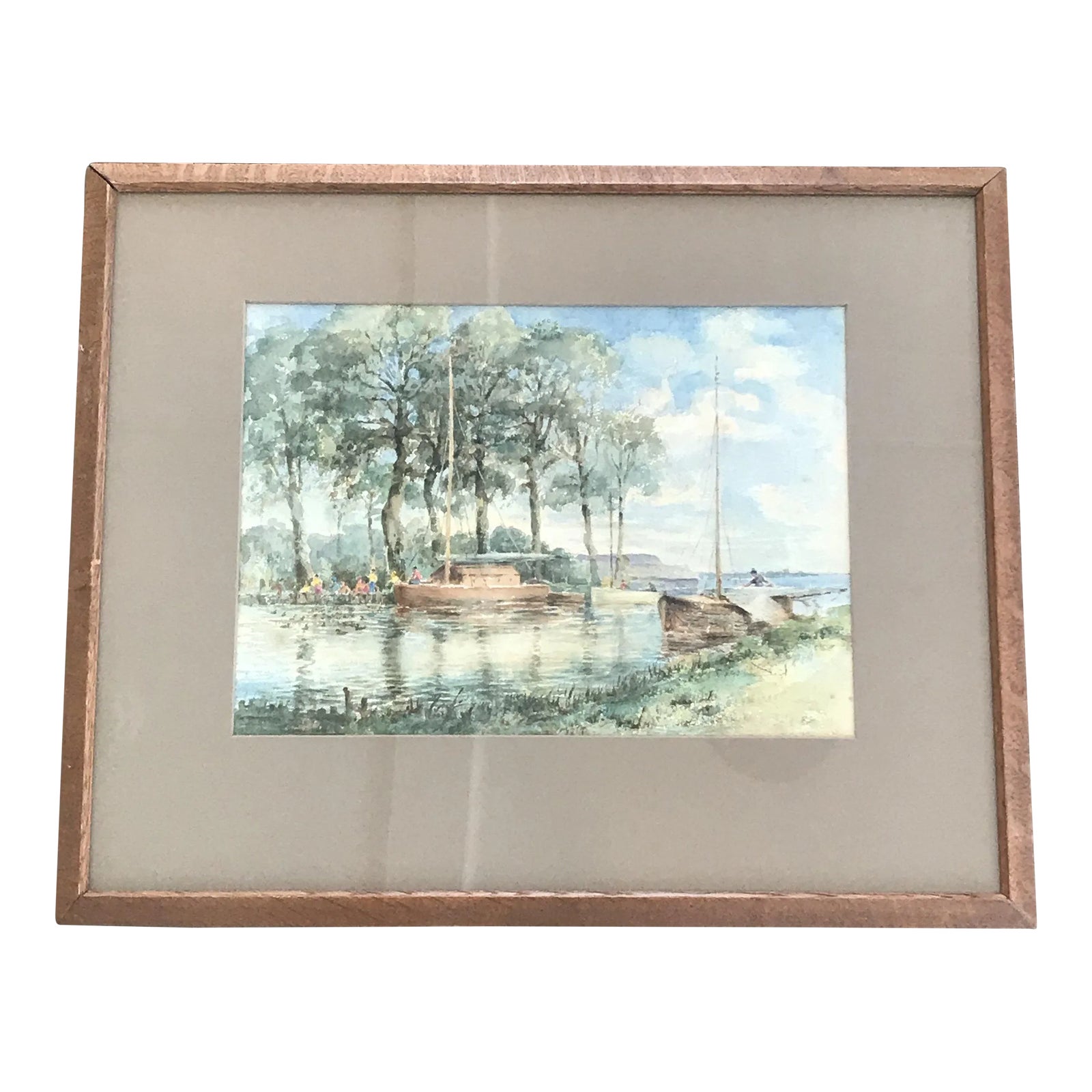 Antique British River Boat Scene Watercolor Painting, Framed | Chairish