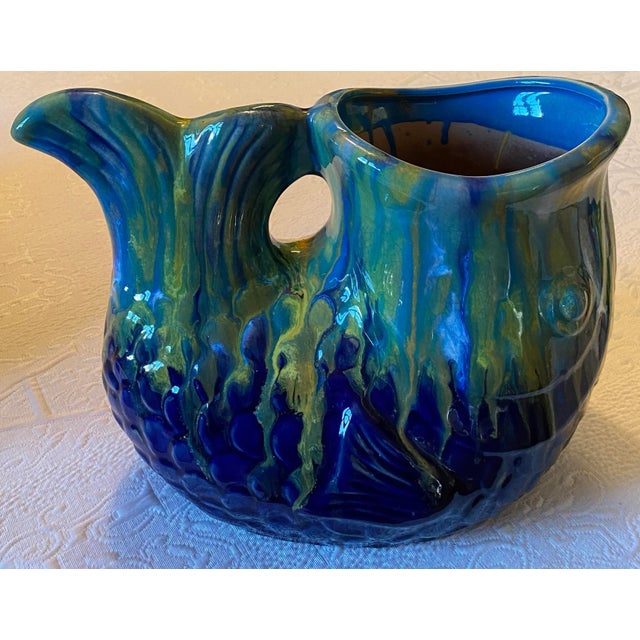 Vintage Large Glazed Green Blue Yellow Fish Planter Pot Vase From West ...