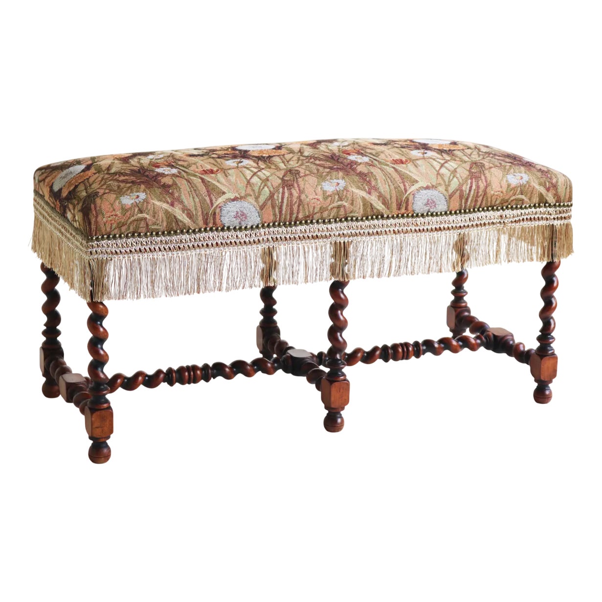 Antique French Barley Twisted Bench in Carved Oak with Embroidered Seat ...