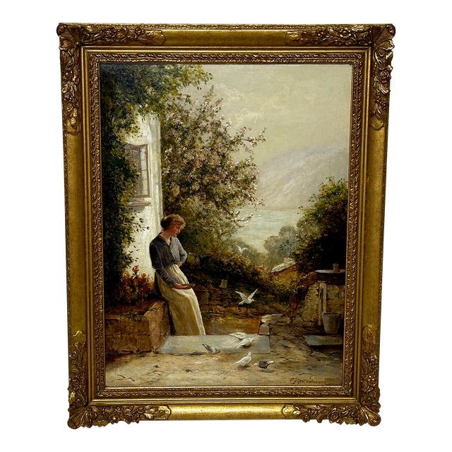 British Victorian Oil Painting Lady Feeding the Doves by Ernest Charles ...