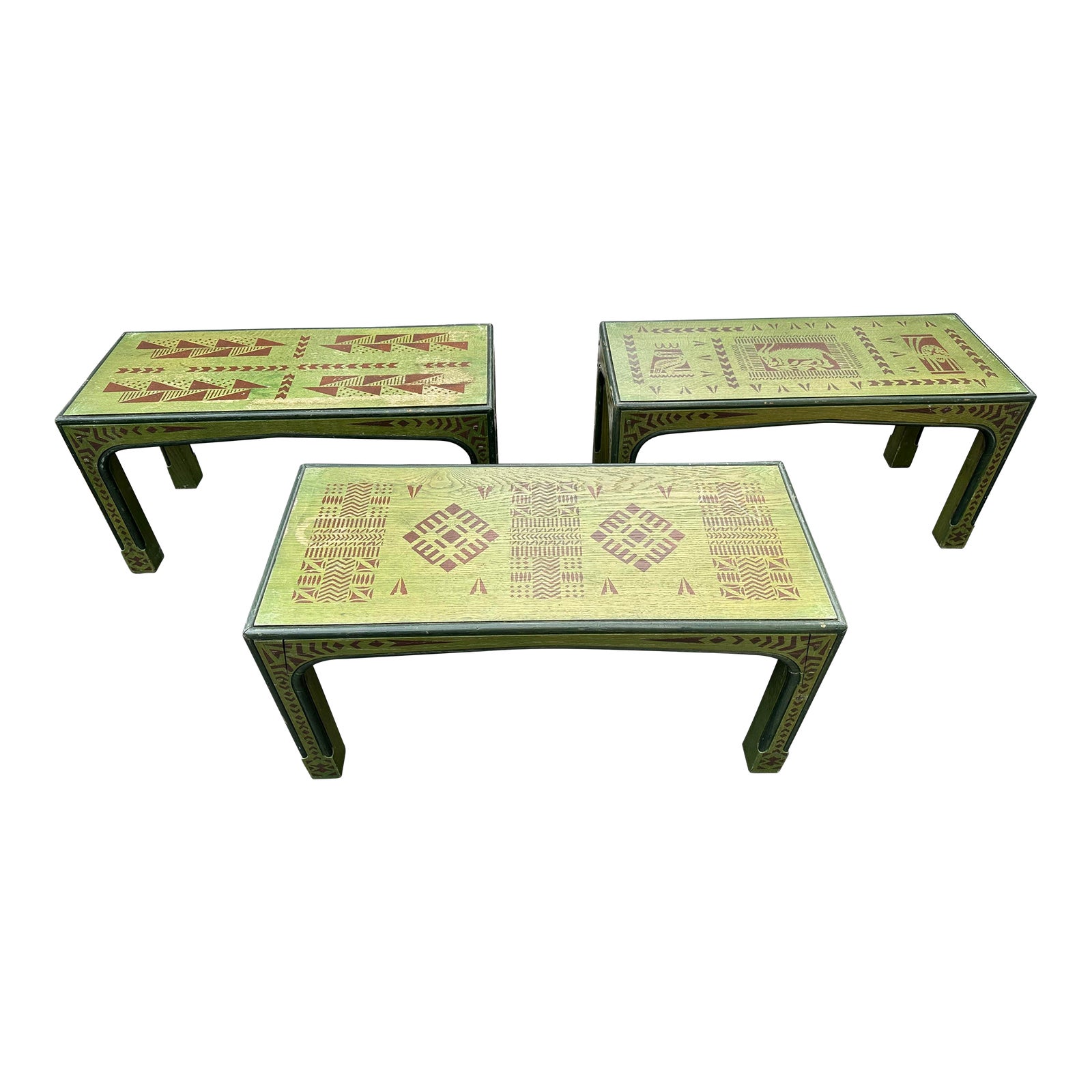 Set of 3 Vintage Western Style Stenciled and Painted Wood Benches ...