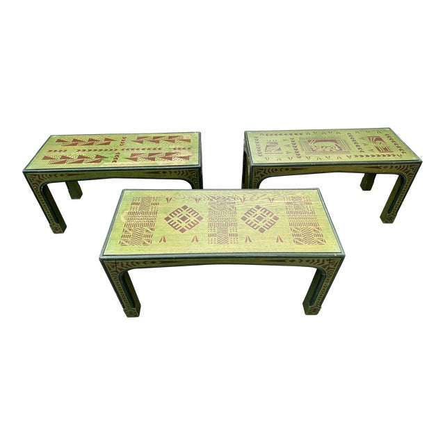Set of 3 Vintage Western Style Stenciled and Painted Wood Benches ...