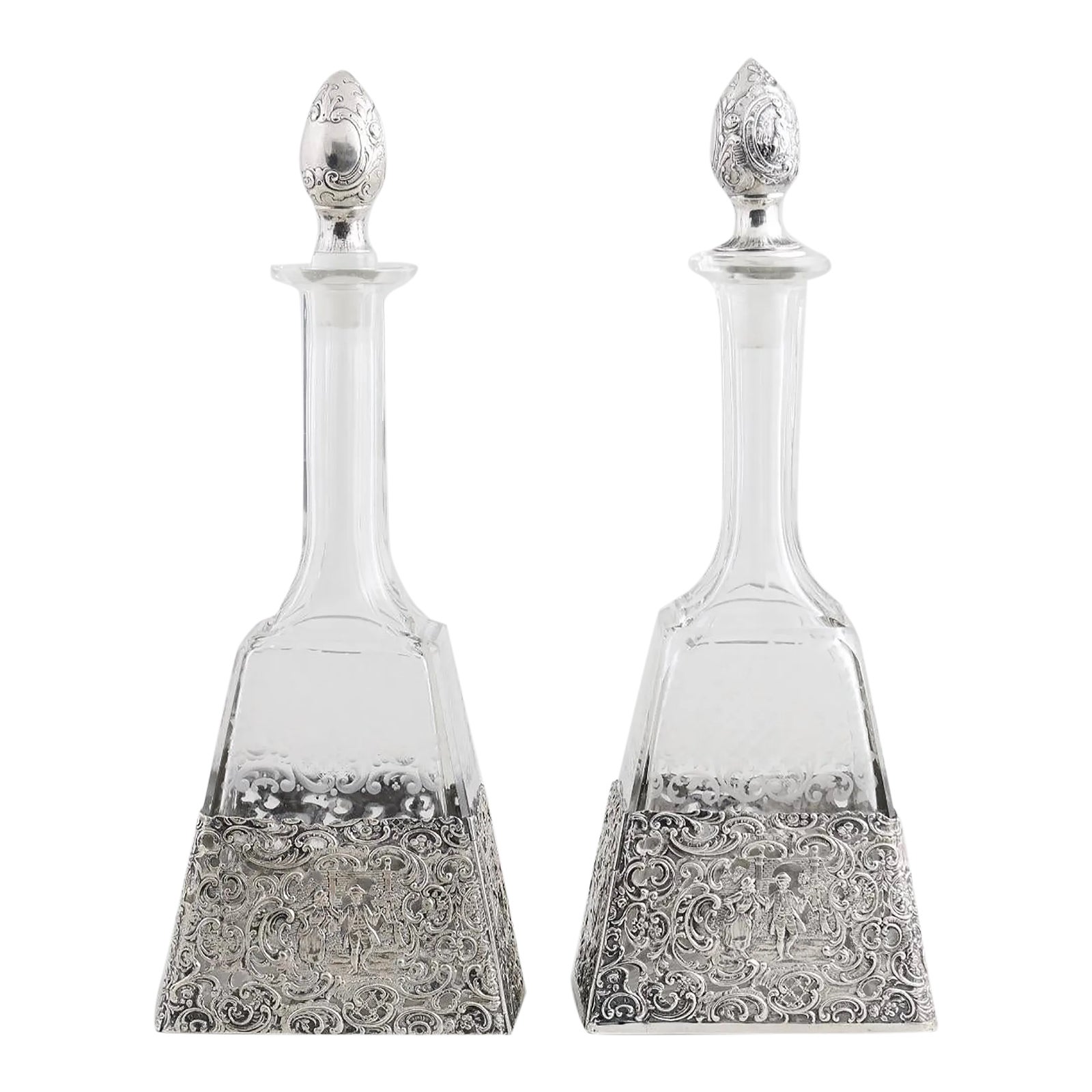 Antique German Silver Overlay & Etched Glass Barware Decanter | Chairish